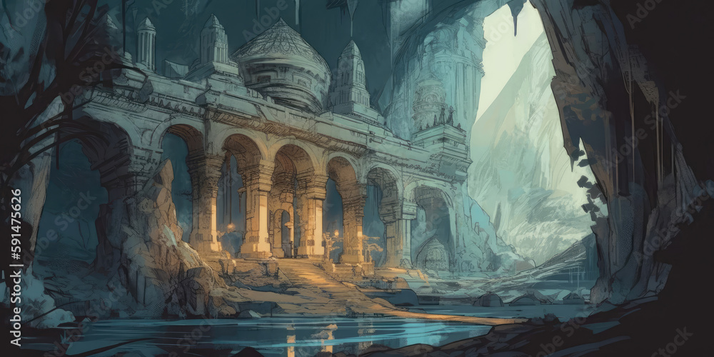 Concept art, fantasy world, spectacular ruins in a cave, AI generated ...