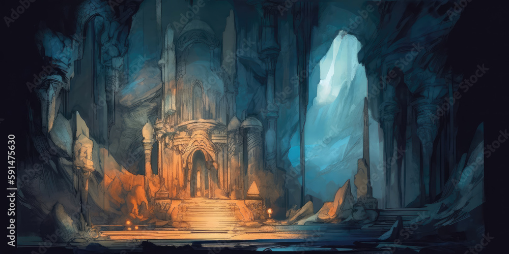 Concept art, fantasy world, spectacular ruins in a cave, AI generated ...