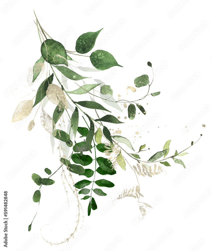 Watercolor painted greenery arrangement. Green wild plants, branches ...