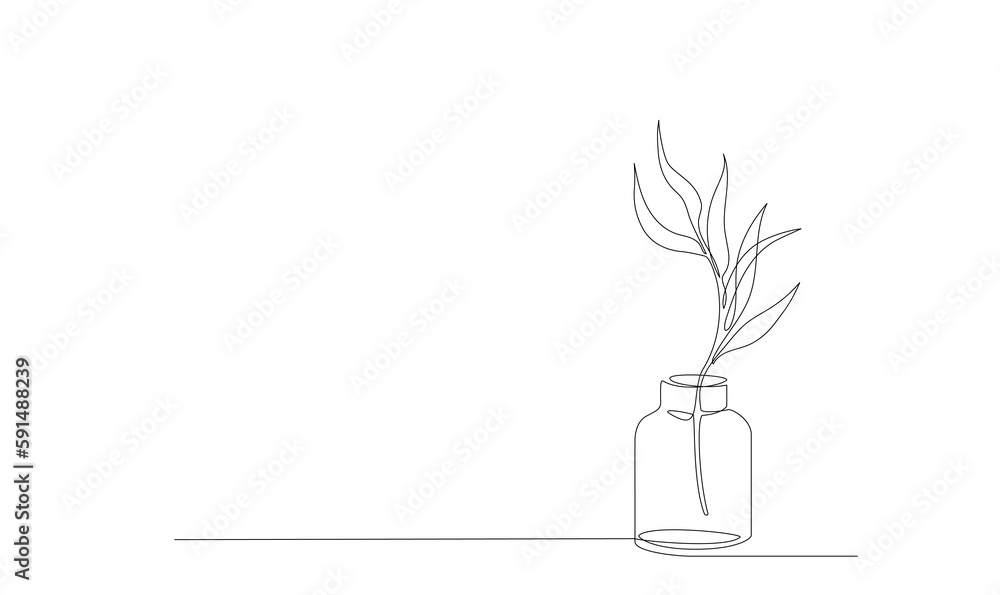 One continuous line drawing of Eucalyptus branch in vase. Single line ...