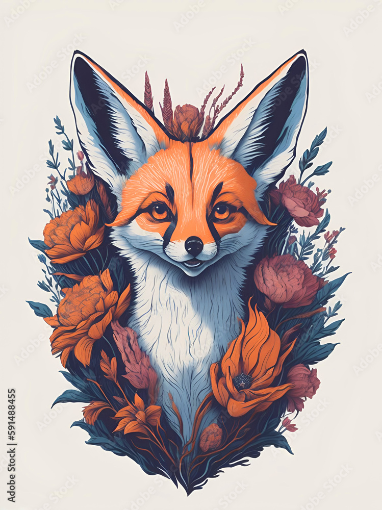 Fox fennec head with flowers. Funny fox, retro floral t-shirt design ...