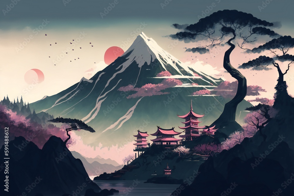 Mountain landscape illustration made in the traditional Japanese style ...