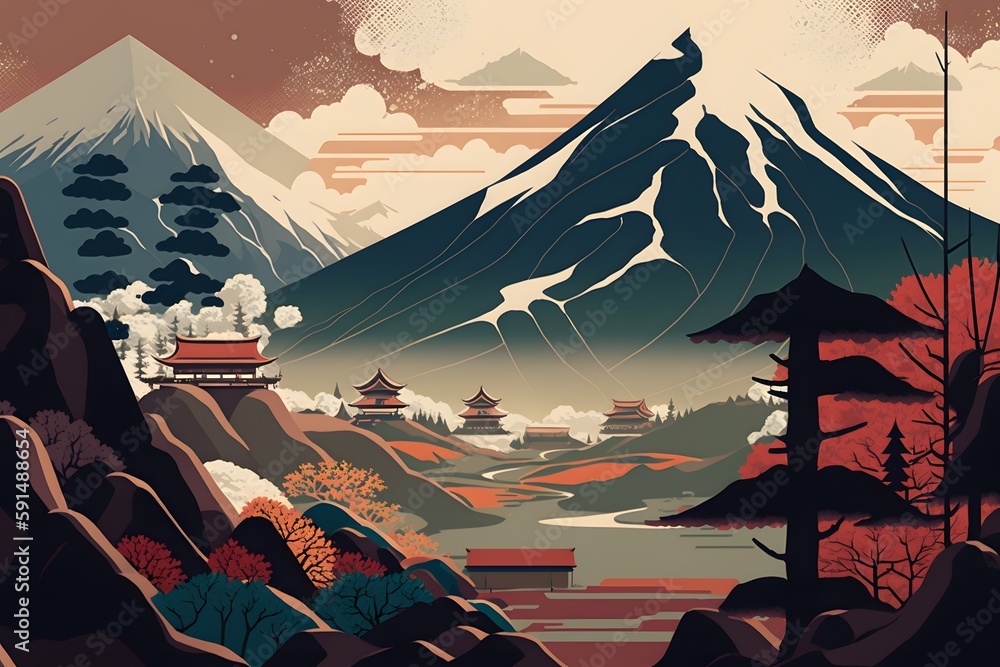 Mountain landscape illustration made in the traditional Japanese style ...