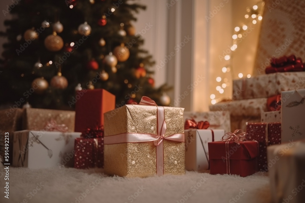 christmas presents golden red under christmas tree indoor at christmas ...