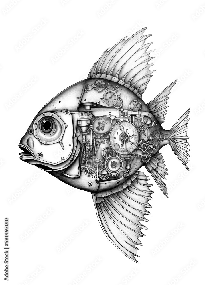 Steam punk fish detailed pencil cketch. Generative ai. Transparent png ...