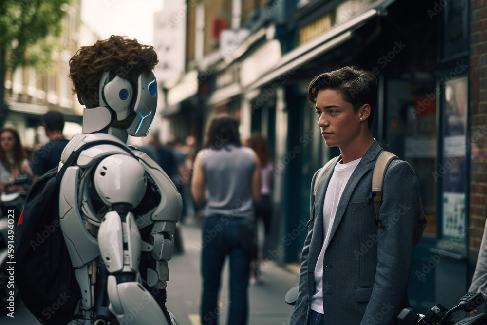 a robot talks to a pedestrian in a narrow side street, life with robots ...