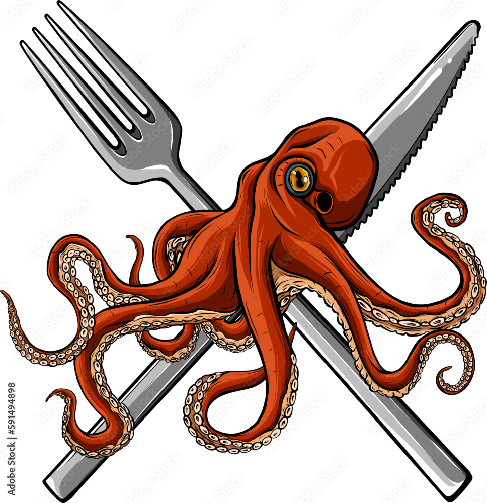vector illustration of an octopus with cutlery on white background ...
