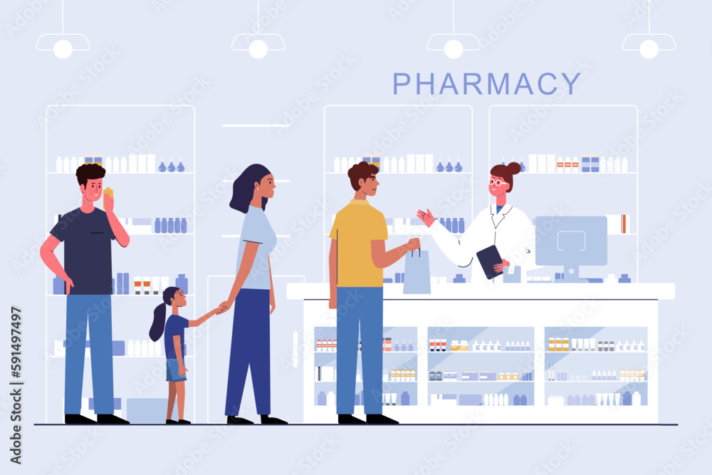 pharmacy with pharmacist and client in counter. drugstore cartoon ...