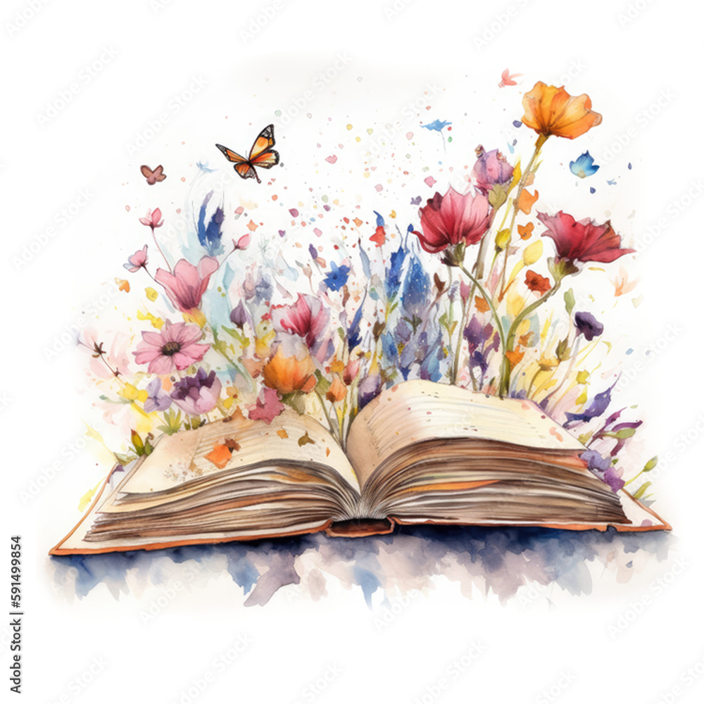 watercolor open book with flowers. generative ai Stock Illustration ...