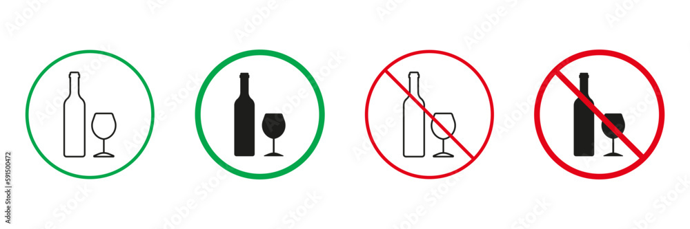 Drink Alcohol Zone Red and Green Warning Signs. Wine Bottle and Glass ...
