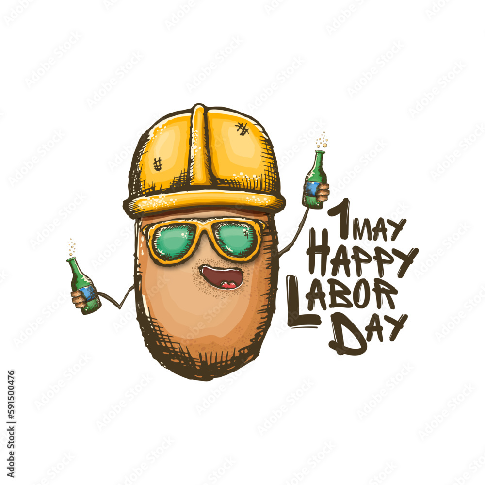 1 may labor day banner with cartoon funky labor potato character with ...