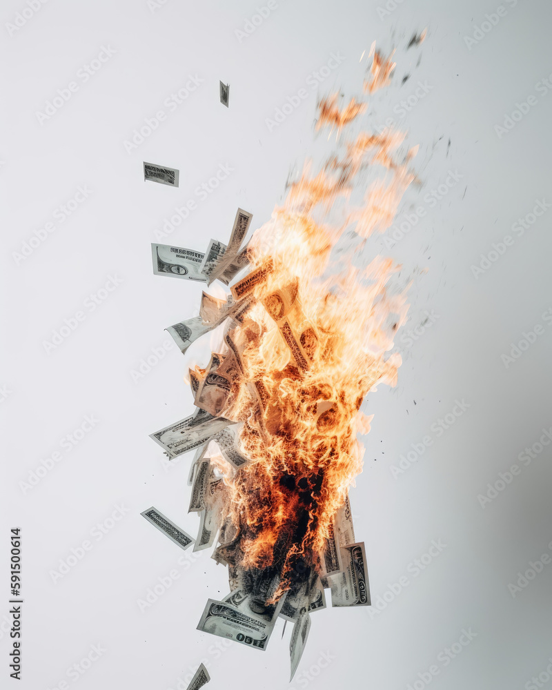 Geldscheine verbrennen im freien Fall, Sinnbild für Inflation ...