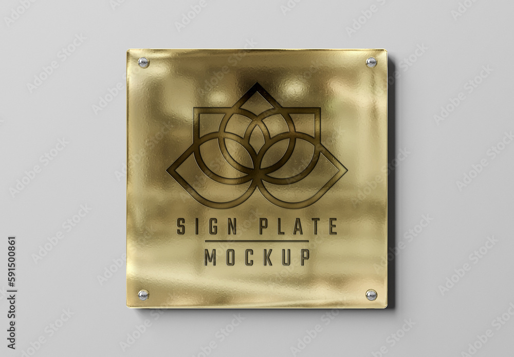 Squared Gold Sign Plate on White Wall Mockup Stock Template | Adobe Stock