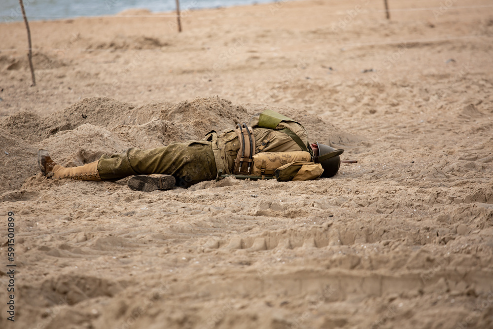 Historical reconstruction. Injured or dead World War II infantry ...