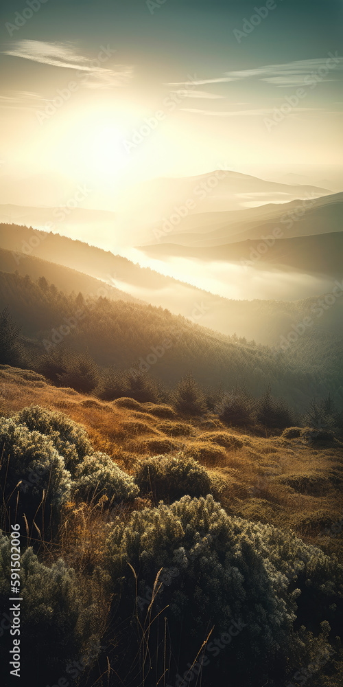 Ilustrace „A Scenic View of A Valley With A Sun in The Distance and A ...