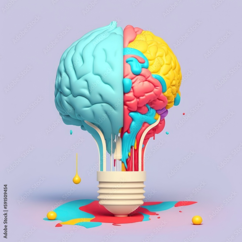 Brain in light bulb radial melting illustration, logical thinking ...