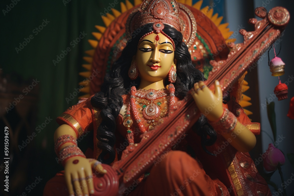 Religion concept. Hindu goddess Maa Saraswati statue. Generative AI ...