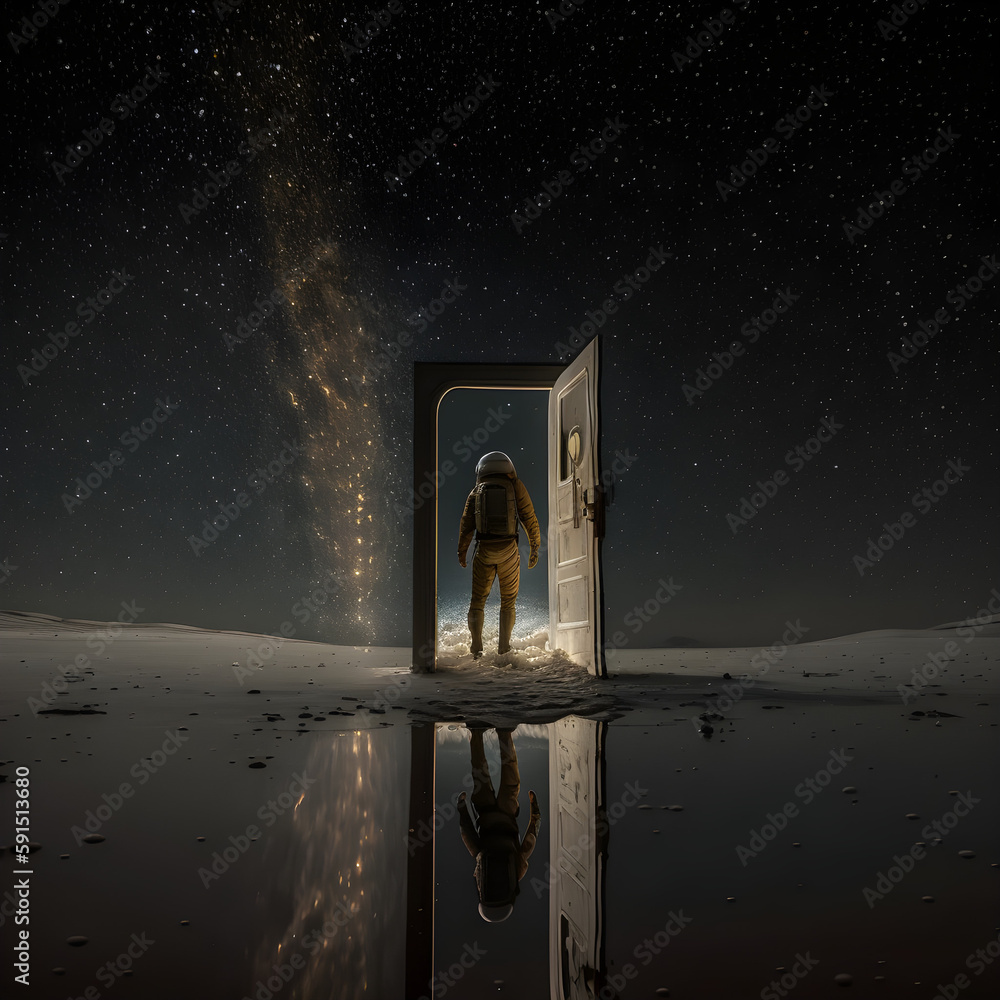 Astronaut going through the door to afterlife, void space galaxy moon ...