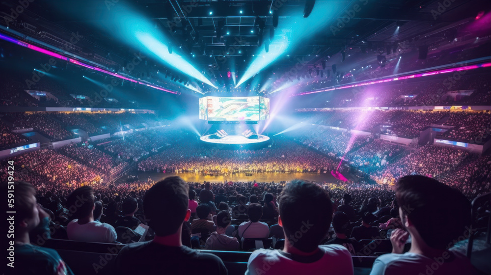 Stage lights and crowd of people in front of a live concert stage ...