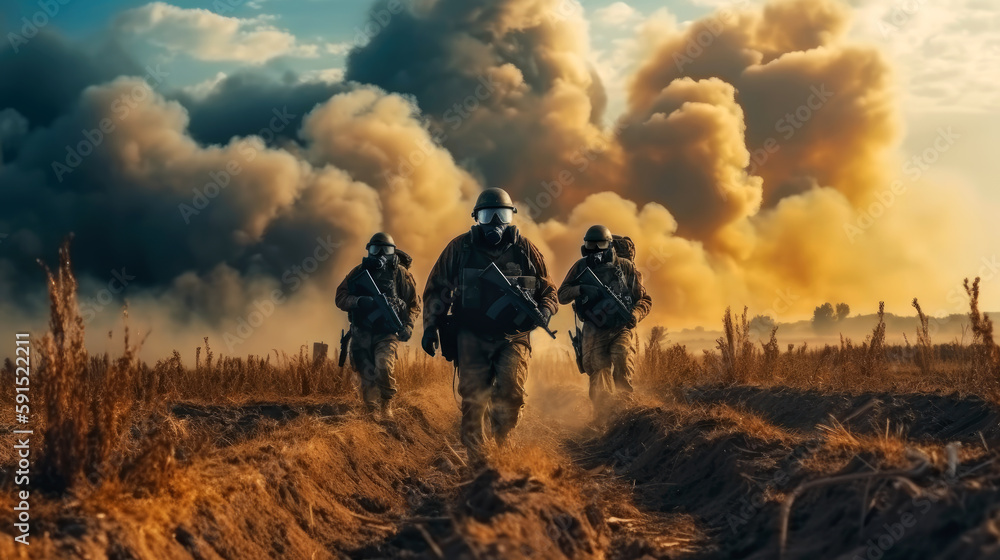 War, soldiers in a war zone destroyed by bombs full of fire and smoke ...