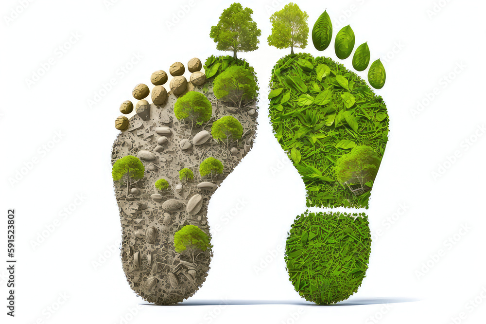 carboon footprint concept, green foot step isolated on white background ...