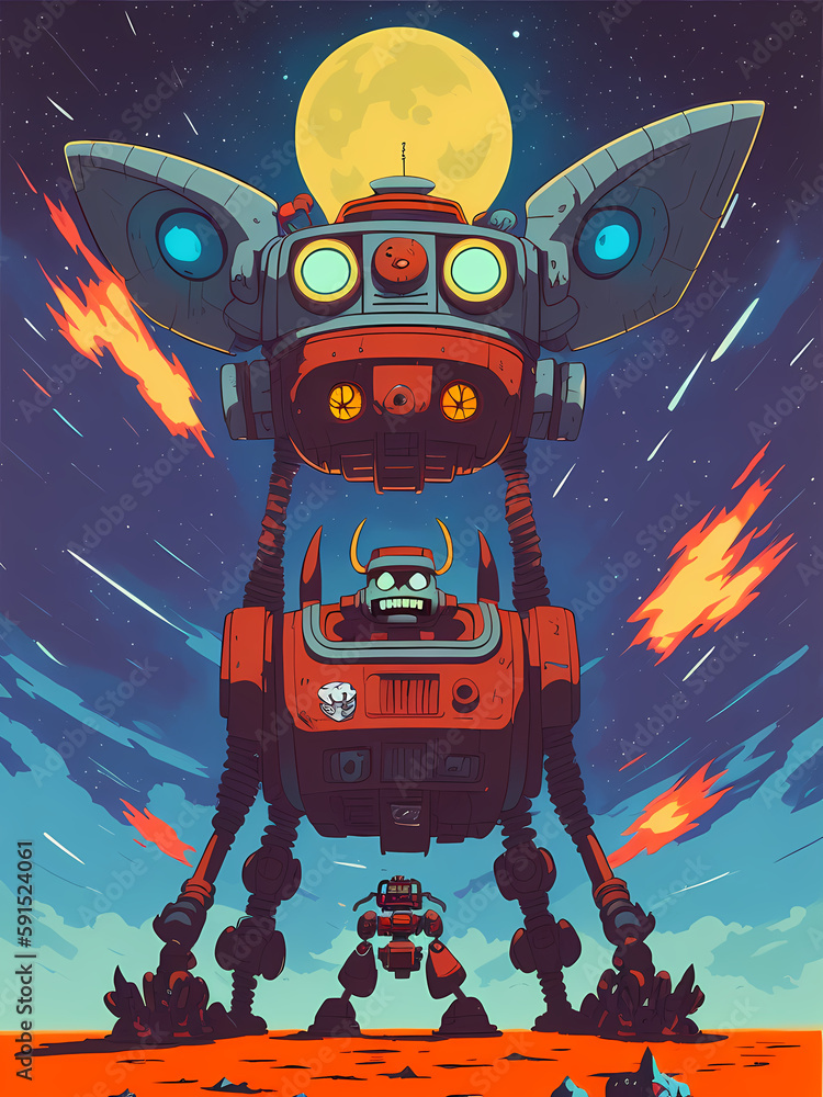 crazy robot drawn in retro 50s comic style generative ai generativ ki ...