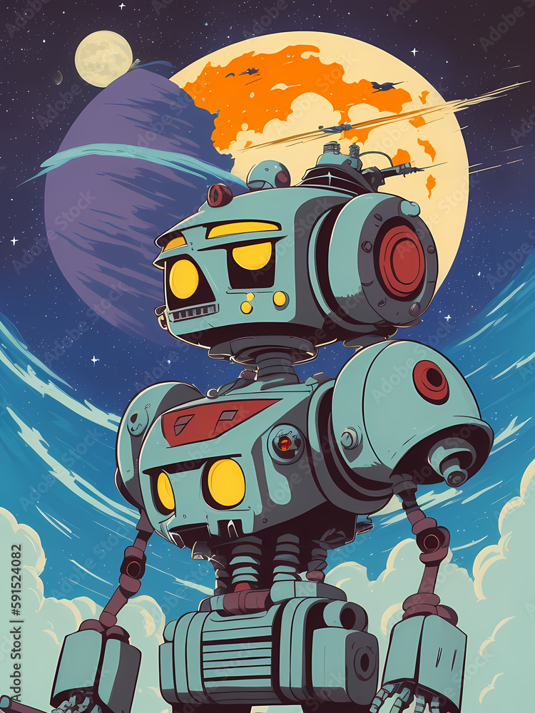 crazy robot drawn in retro 50s comic style generative ai generativ ki ...