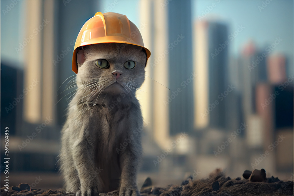 A cat in a construction helmet stands against the backdrop of a ...