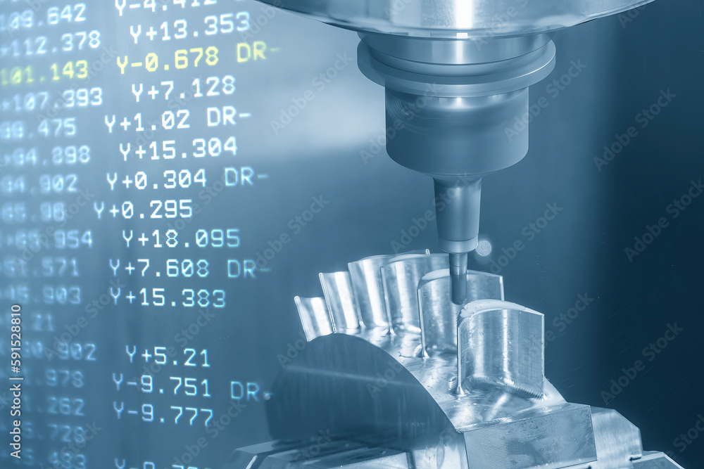 Abstract scene the 5-axis machining center cutting the water turbine ...