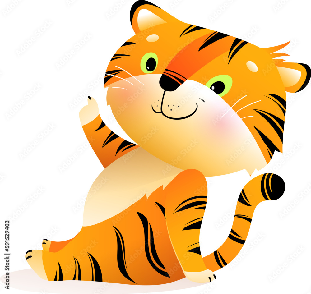 Cute baby tiger character for children sitting and pointing up. Playful ...