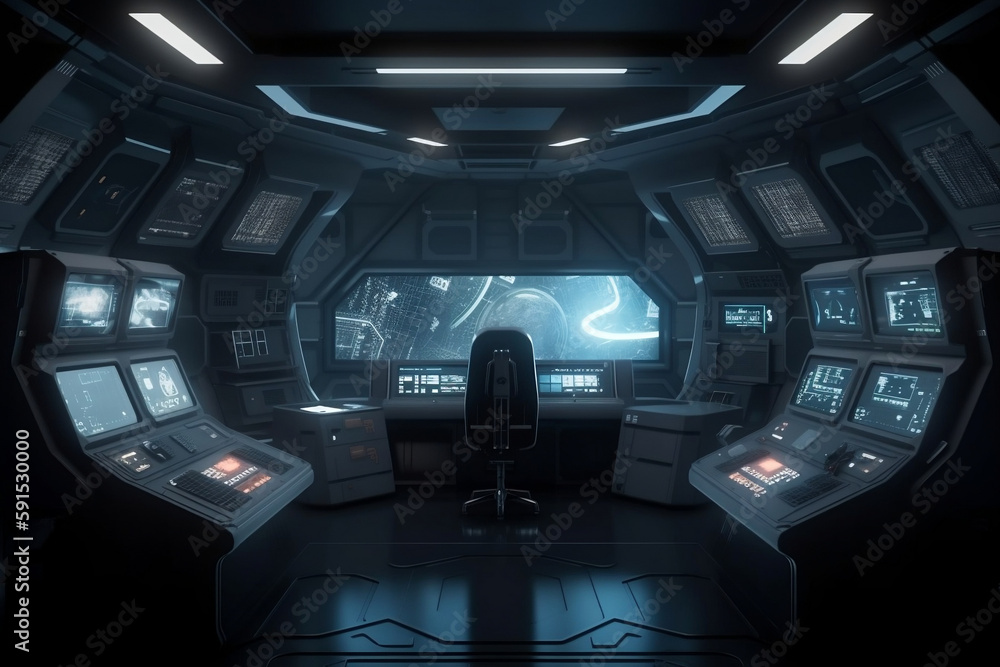 Futuristic Spaceship Control Center And Window Facing To Outer Space ...