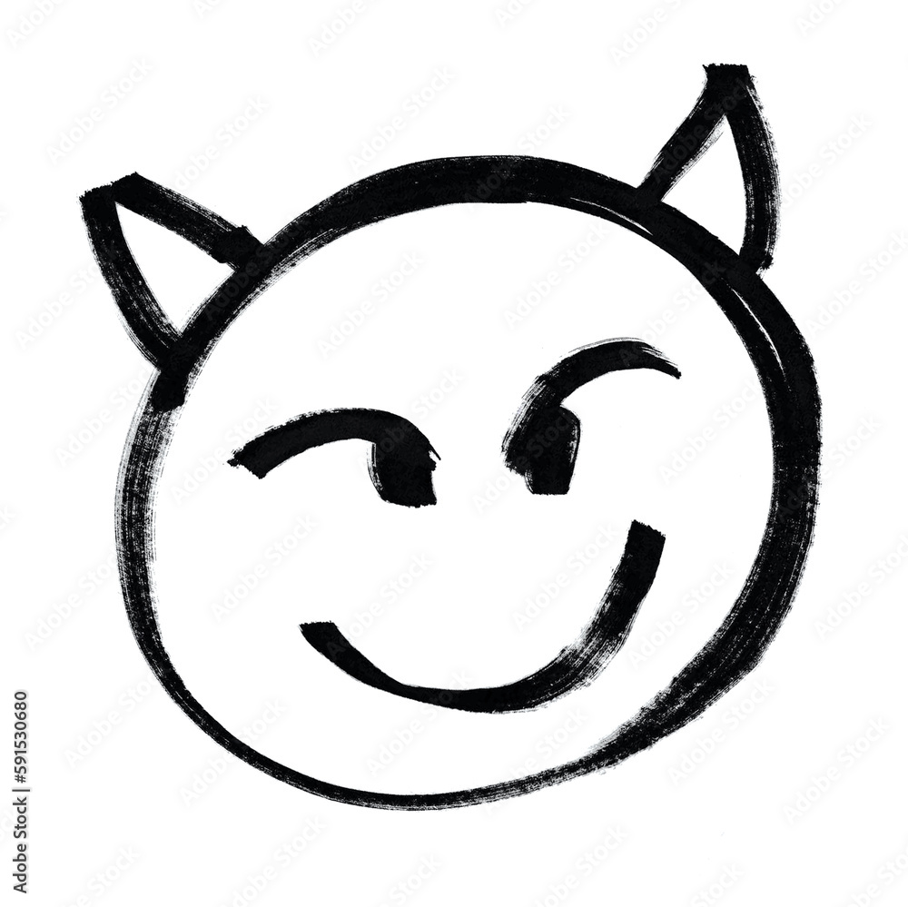Emoji Smiling Face with Horns, Devil. Hand-drawn with marker pen, Black ...