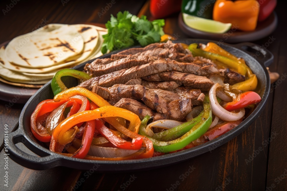 sizzling beef fajita platter in skillet Stock Photo | Adobe Stock