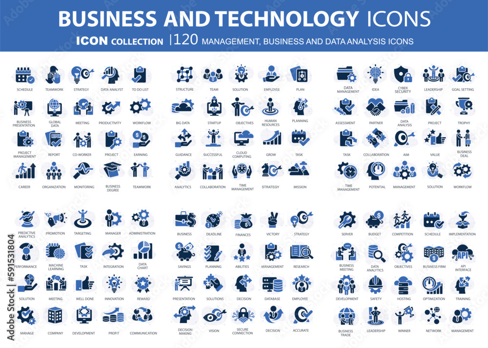 Business, data analysis, organization management and technology icon ...