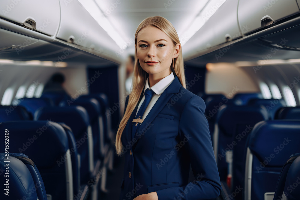 Beautiful female stewardess at work on the airplane, generative AI ...