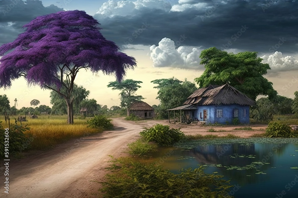 Benin landscape with straw hut and lake. Generative AI Art. Beautiful ...