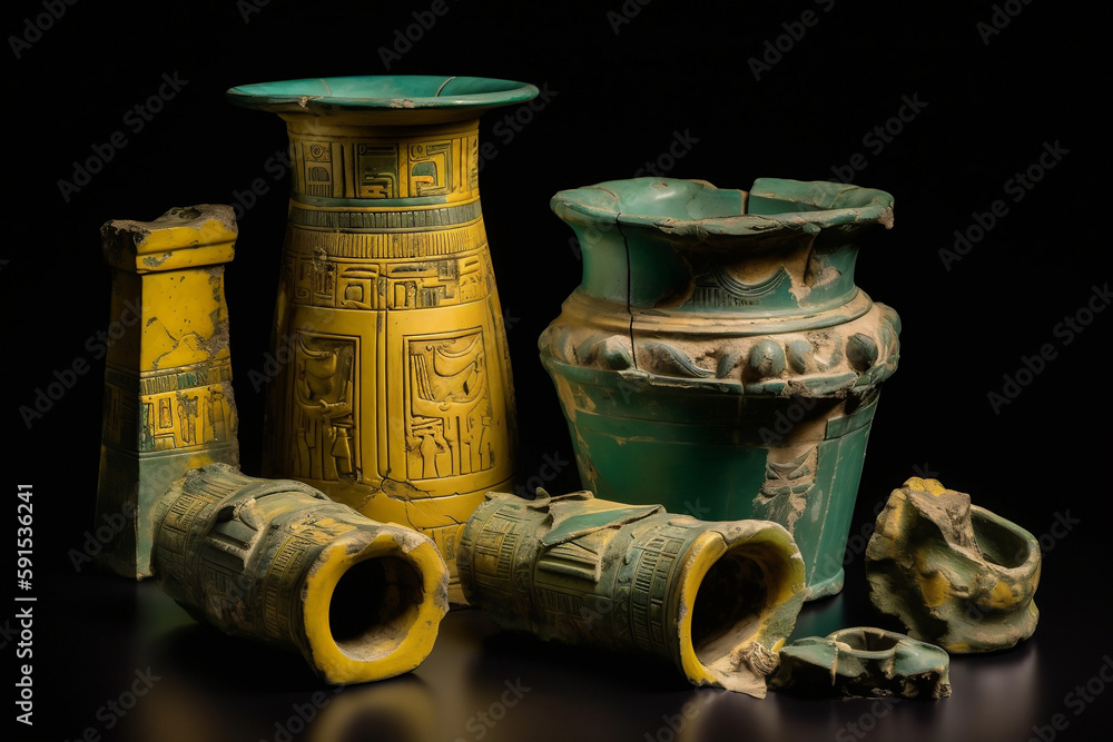 Wo Parts Of Ancient Relic Colored In Yellow And Green, Made Using ...