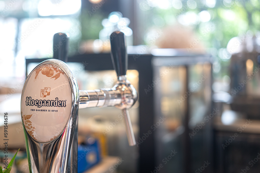 Thailand - April 2023 : The tap of Hoegaarden draught beer, world ...