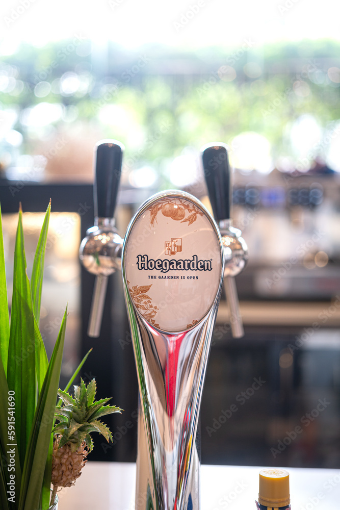 Thailand - April 2023 : The tap of Hoegaarden draught beer, world ...