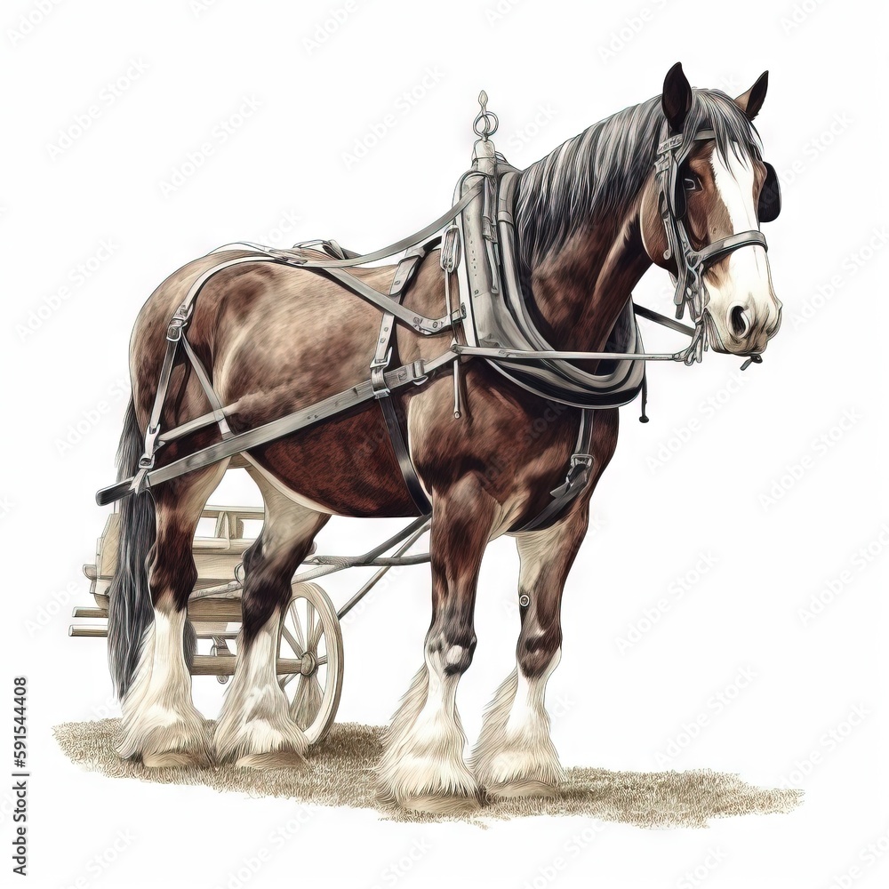 a drawing of a horse pulling a wagon with a man in it on a white ...