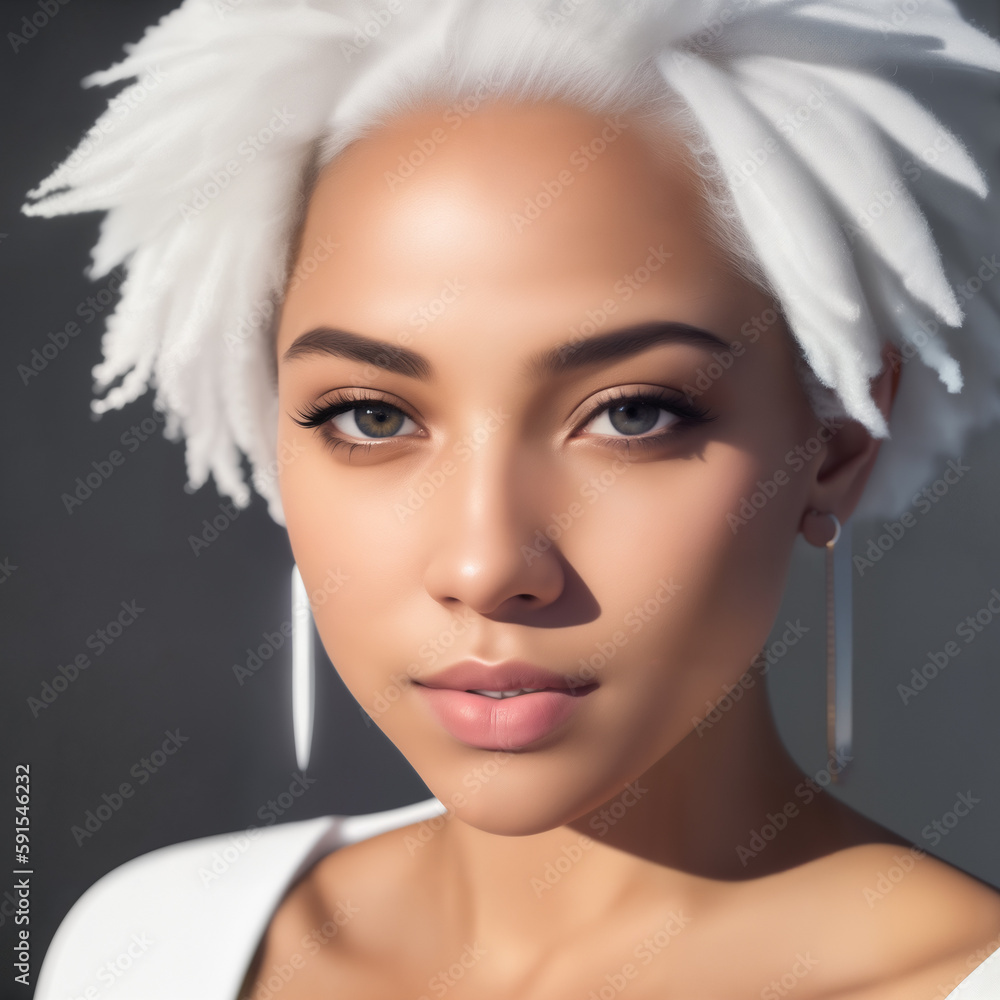 Sexy African Woman With White Lush Afro Textured Kinky Hair Or Short Curly African Dreadlocks In