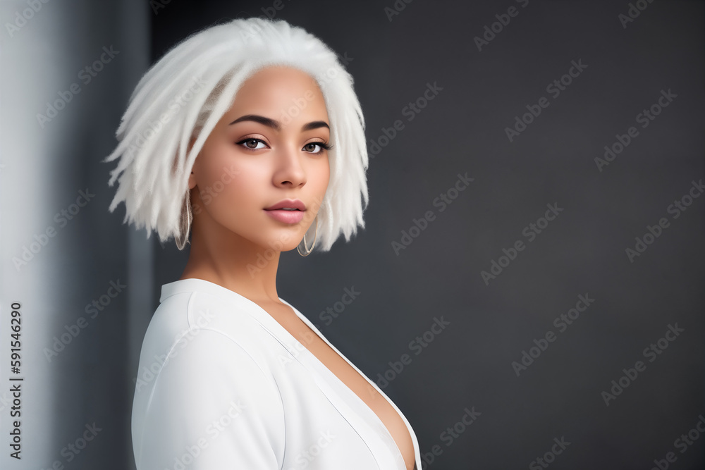 Sexy African Woman With White Lush Afro Textured Kinky Hair Or Short Curly African Dreadlocks In