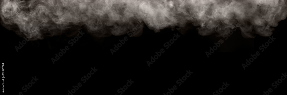 Panorama of steam, smoke, gas isolated on a black background. Swirling ...