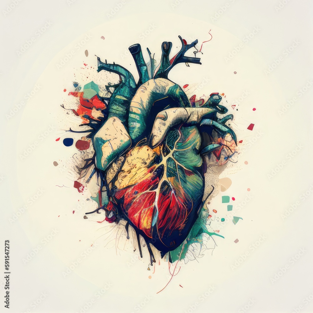 stylized human heart with graffiti effect on isolated white backdrop ...