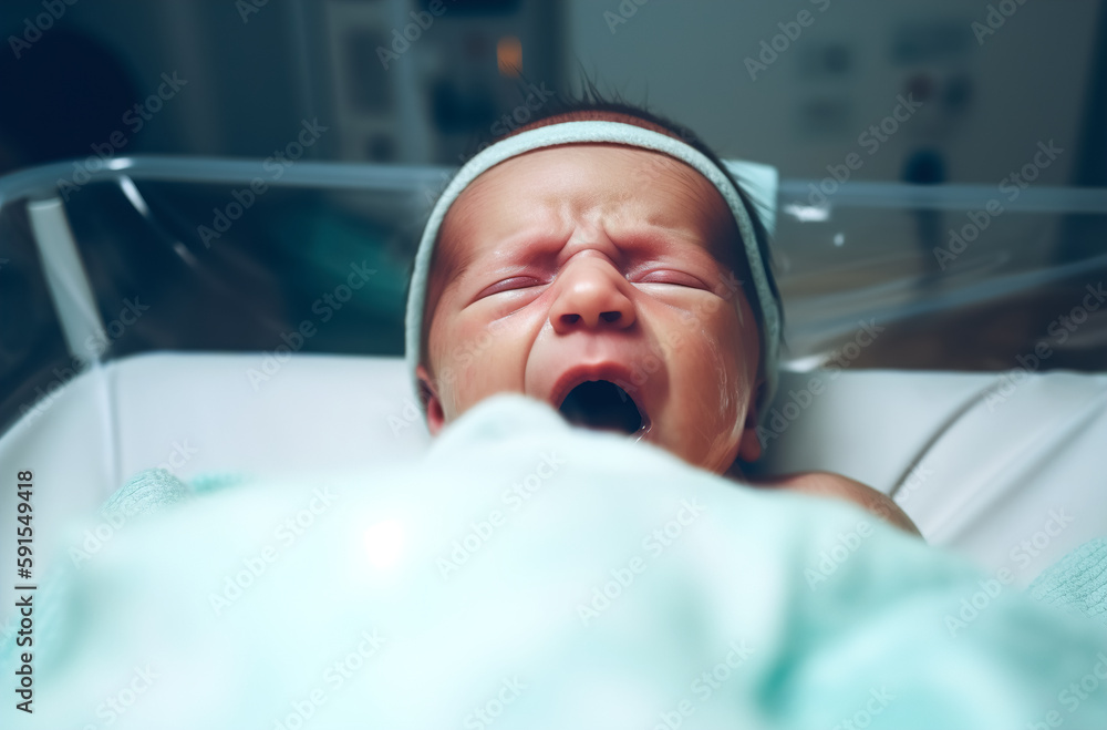 Newborn baby lying in the hospital and crying. Healthcare and ...