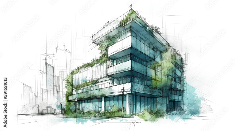 Sustainable development project sketch, green building and trees. Urban ...