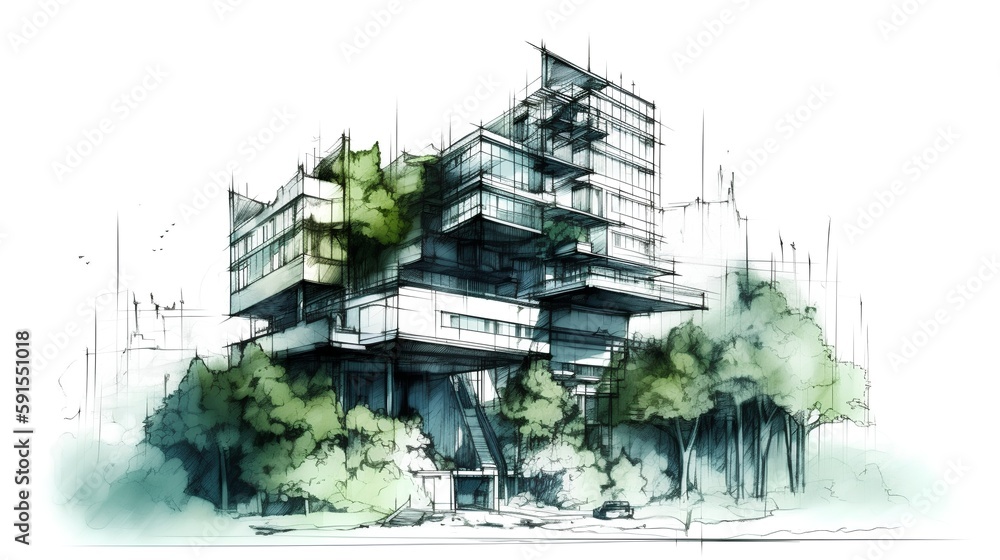 Sustainable development project sketch, green building and trees. Urban ...