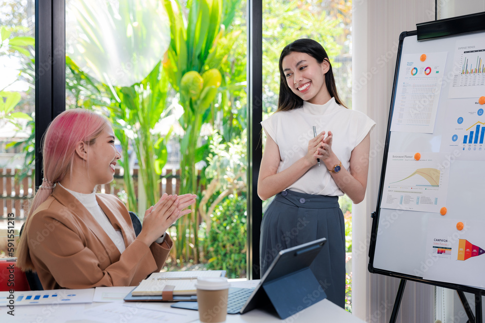 Businesswoman standing greeting say thank you when finishing ...