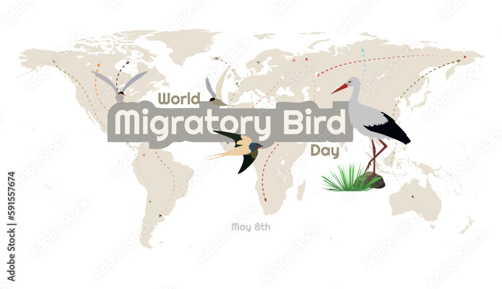 World Migratory Bird Day.May 8th. Map of the world with the migration ...