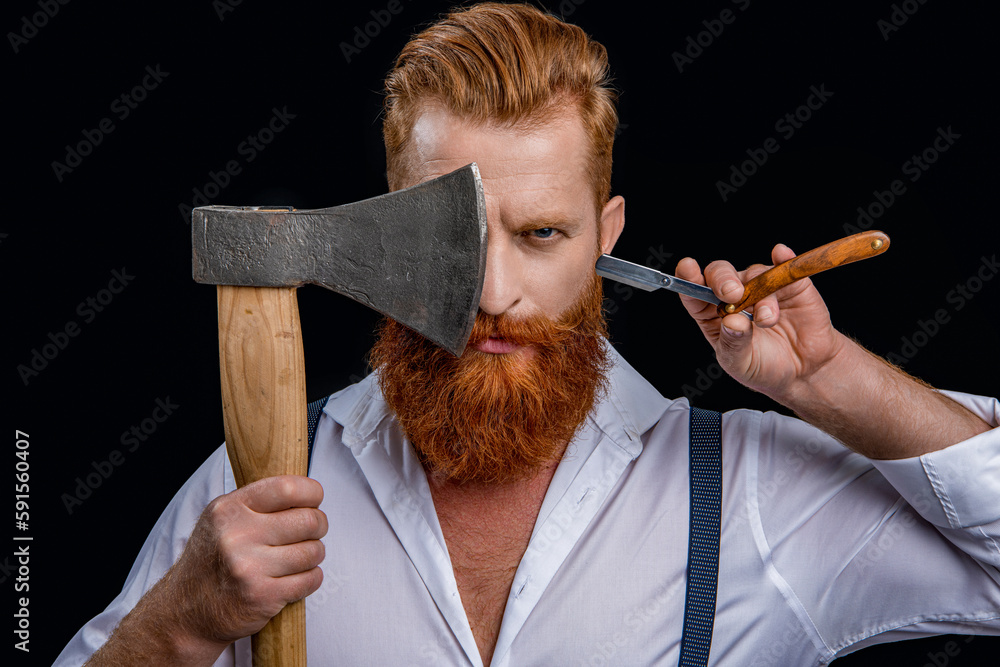 barber man in studio. barber man with ax and retro razor blade. photo ...